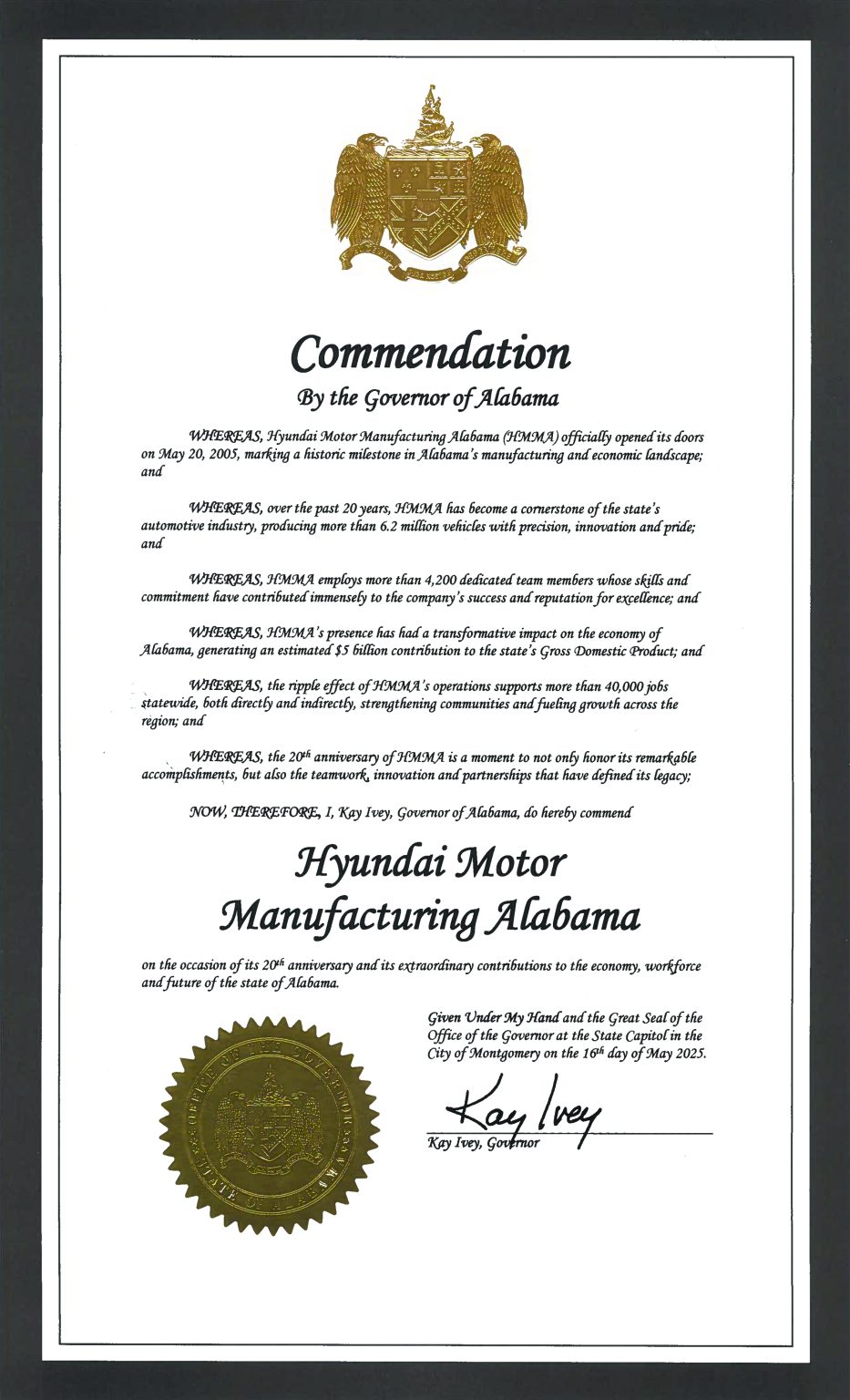 ALA. GOV. KAY IVEY ISSUES COMMENDATION RECOGNIZING HMMA’S 20 YEAR ...